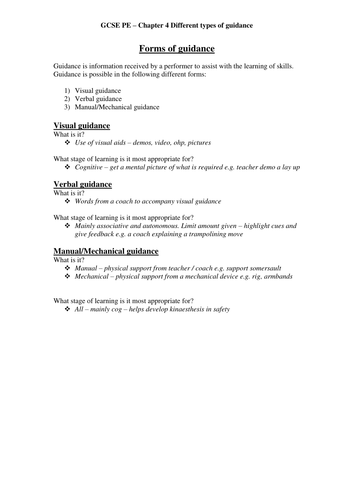 GCSE PE - Types of guidance | Teaching Resources