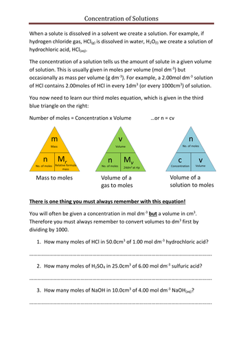 Concentration of Solutions worksheet | Teaching Resources