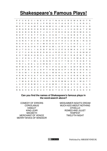 Word-search Shakespeare's famous plays | Teaching Resources