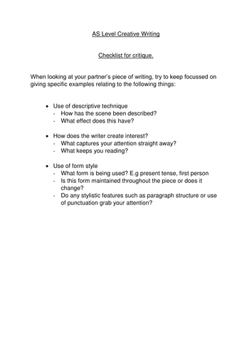 AS Level Creative Writing Critique checklist | Teaching Resources