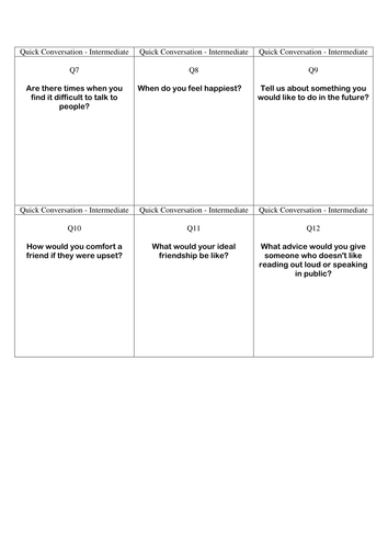Quick Conversation Cards - Intermediate Level 2 | Teaching Resources