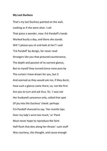 GCSE Poetry Analysis of "My Last Duchess" With Lots of Activities ...