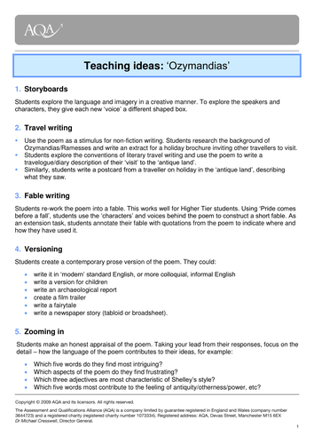 GCSE Poetry Analysis of "Ozymandias" With Lots of Activities Suitable ...