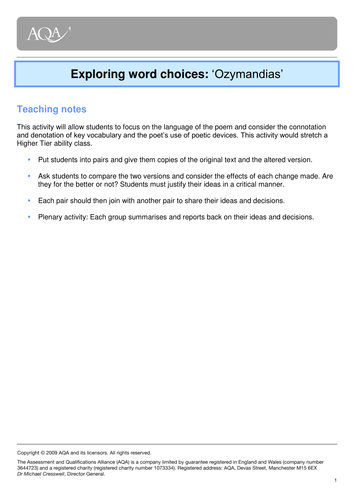 GCSE Poetry Analysis of "Ozymandias" With Lots of Activities Suitable ...