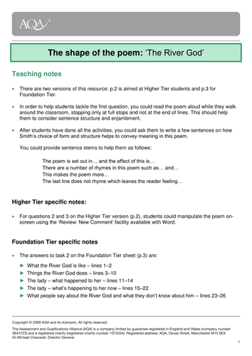 GCSE Poetry Analysis of "The River God" With Lots of Activities ...