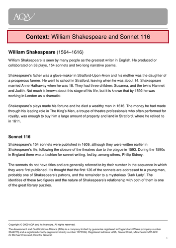 GCSE Poetry Analysis of "Sonnet 116" With Lots of Activities Suitable ...