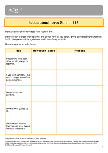 GCSE Poetry Analysis of "Sonnet 116" With Lots of Activities Suitable ...