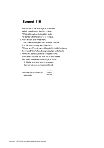 GCSE Poetry Analysis of "Sonnet 116" With Lots of Activities Suitable ...