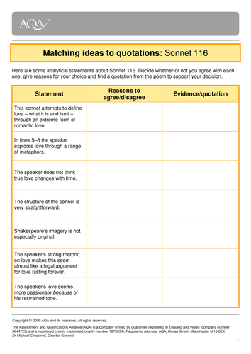 GCSE Poetry Analysis of "Sonnet 116" With Lots of Activities Suitable ...