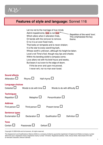 GCSE Poetry Analysis of "Sonnet 116" With Lots of Activities Suitable ...