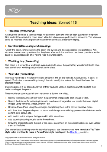 GCSE Poetry Analysis of "Sonnet 116" With Lots of Activities Suitable ...