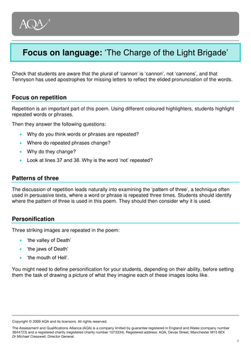 GCSE Poetry Analysis of "Charge of the Light Brigade" Lots of ...