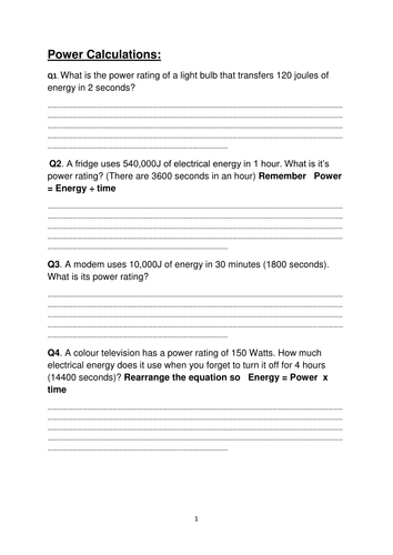 Year 8 Physics P2 2.7 Electrical Energy and Power Calculations ...