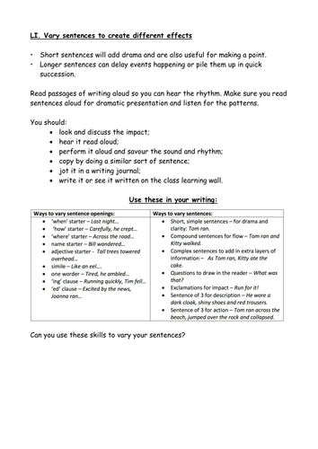 How to vary sentences | Teaching Resources