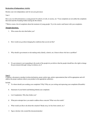 Create Your Own Declaration of Independence Version 2 | Teaching Resources