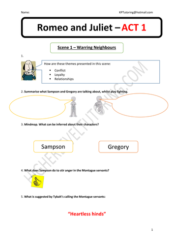 SHAKESPEARE: Romeo and Juliet - complete ACT 1 questions worksheet ...