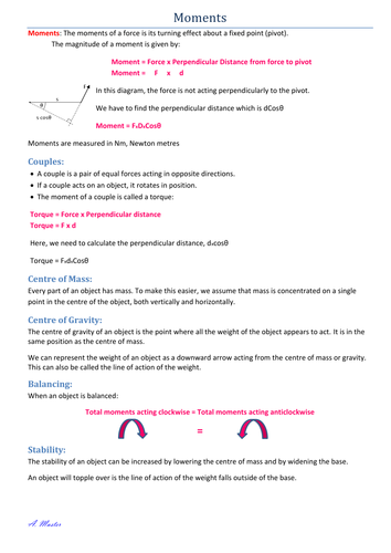 Moments Revision Sheet | Teaching Resources