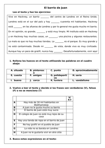 Spanish GCSE my town & area: mi barrio - where I live reading ...