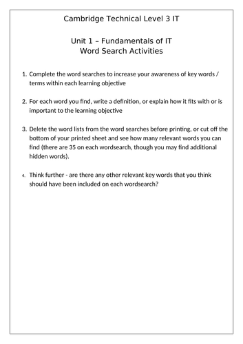 Cambridge Technical Level 3 IT 2016 Unit 1 Word Search Activities ...