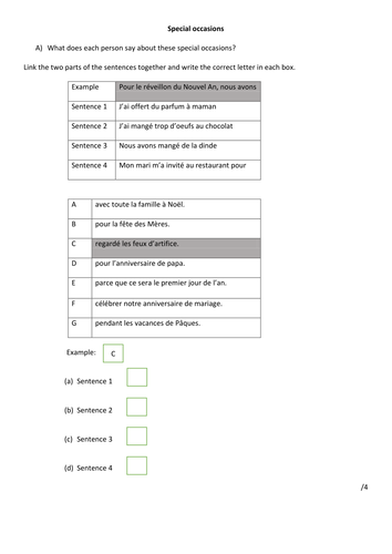 special occasions French reading tasks with mark scheme | Teaching ...