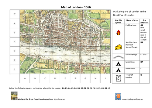 Map of London 1666 Great Fire of London grid work of main sites ...