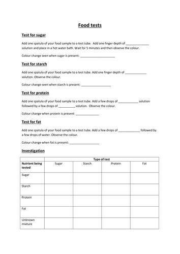 Food tests - practical instructions and worksheet activity (GCSE ...