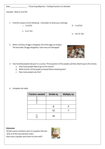 Finding Fractions of a Number worksheet | Teaching Resources