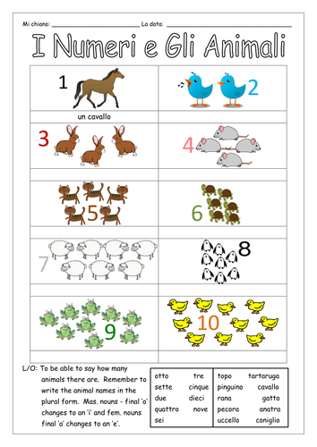 ITALIAN - ANIMALS - I Numeri e Gli Animali - Worksheets | Teaching ...