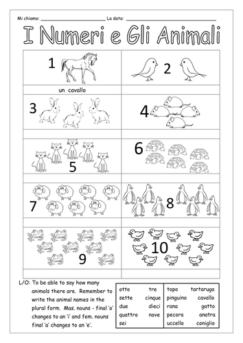 ITALIAN - ANIMALS - I Numeri e Gli Animali - Worksheets | Teaching ...
