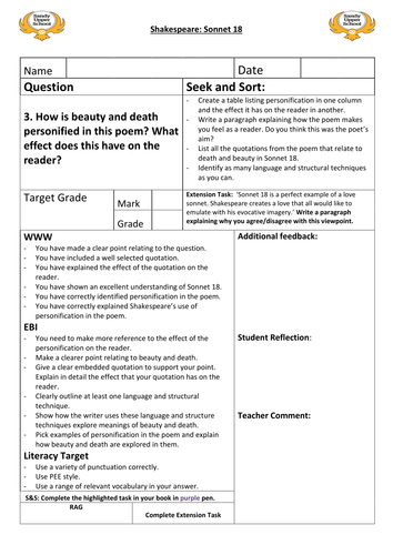 English Homework Marking Task and Marking Sheets | Teaching Resources