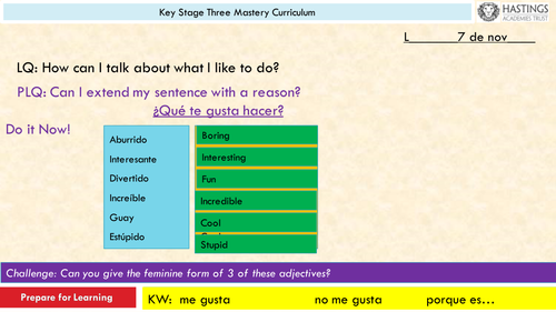Y7 Spanish Viva 1 Module 2. First lesson on 'Qué te gusta hacer ...