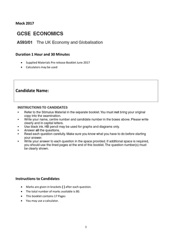 OCR GCSE Economics F593 The UK Economy and Globalisation Mock 2017 ...