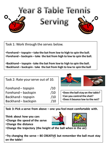 Table Tennis Full Unit of Work with differentiated task cards - with ...