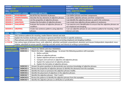 ADJECTIVE OR ADJECTIVAL PHRASE - LESSON PLAN | Teaching Resources