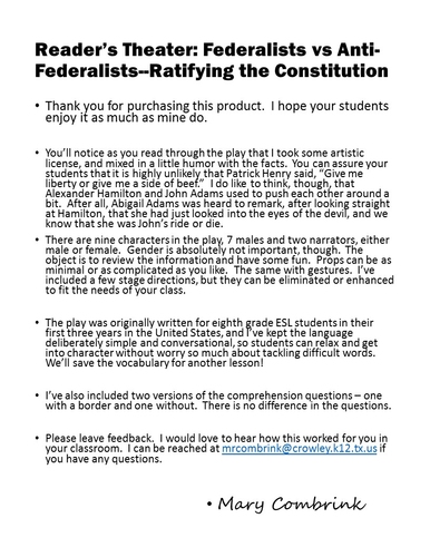 Reader's Theater: Federalists vs Anti-Federalists and Ratifying the U.S ...