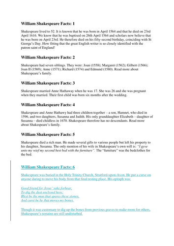William Shakespeare facts activity - introduction to Shakespeare ...