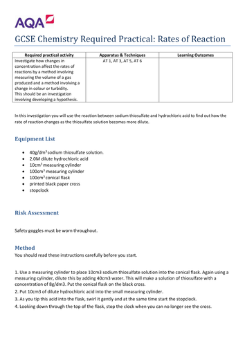 New AQA 2016 Combined Chemistry Required Practical Sheet Rates of ...
