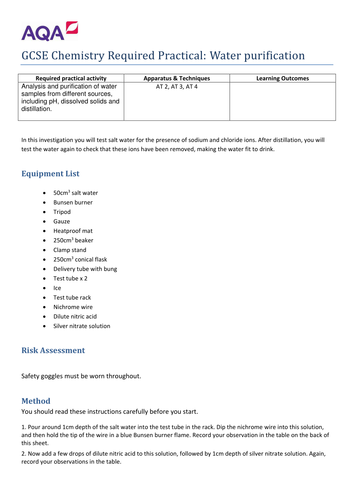 New AQA 2016 Combined Chemistry Required Practical Water Purification ...