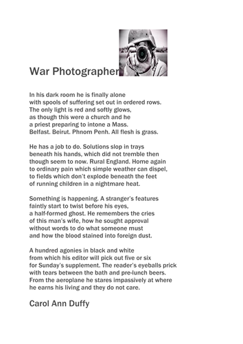 Conflict poetry: War Photographer by Carol Ann Duffy | Teaching Resources