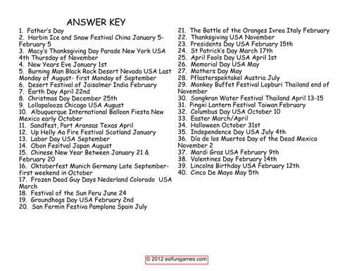 Holidays and Festivals Around the World Animated Board Game-Answer Key ...