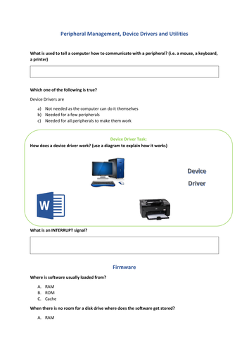 Peripheral Management, Drivers and Utilities Worksheet | Teaching Resources