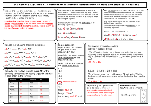 AQA Chemistry GCSE - Revision Mats/Grids for Unit 3 Quantitative, Mass, Moles, Concentration ...