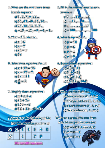 Superhero Number & Algebra Revision with Solutions ⁂ Colourful ...