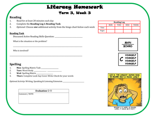Literacy Homework 8wk Unit | Teaching Resources