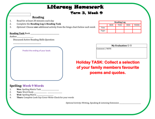 Literacy Homework 8wk Unit | Teaching Resources
