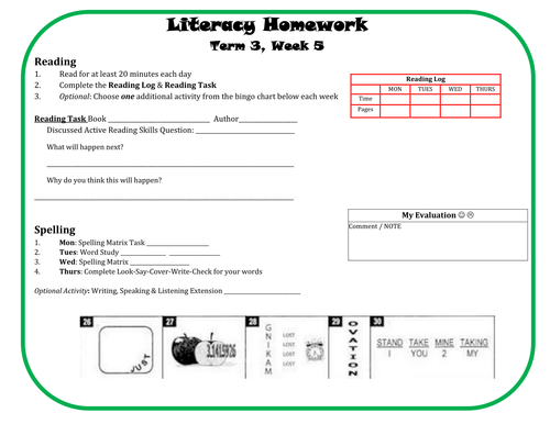 Literacy Homework 8wk Unit | Teaching Resources