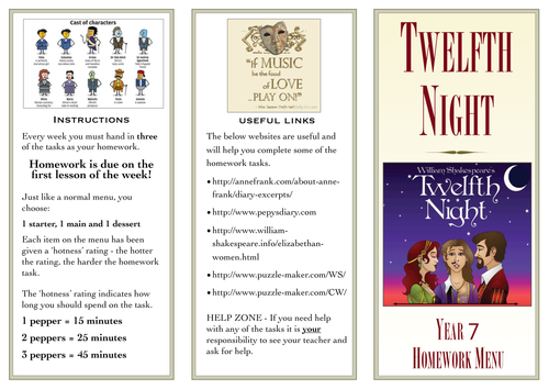 Twelfth Night Homework Menu | Teaching Resources
