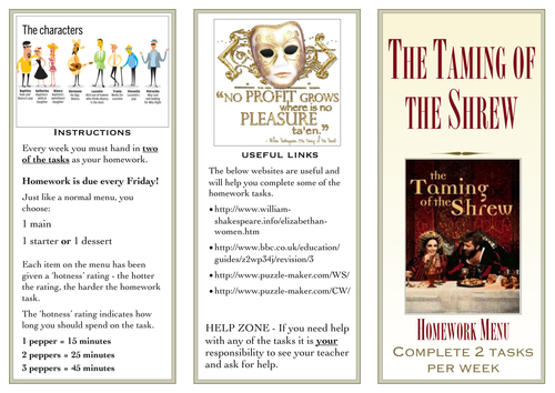 The Taming of the Shrew Homework Menu | Teaching Resources