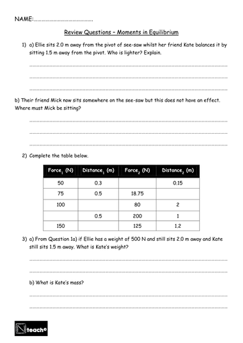 GCSE AQA Physics - Moments, Gear and Equilibrium | Teaching Resources