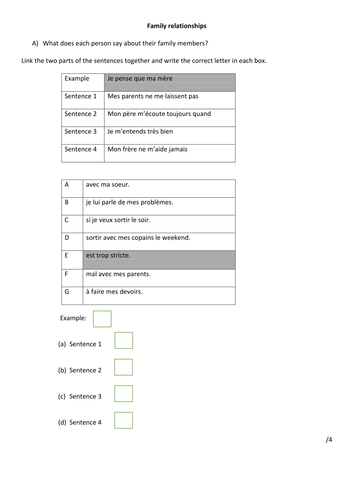 family relationships reading tasks and mark scheme | Teaching Resources
